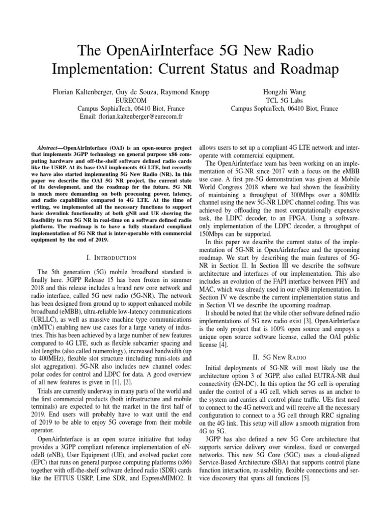 The OpenAirInterface 5G New Radio Implementation - Current Status and Roadmap | PDF | 4 G | Low ...