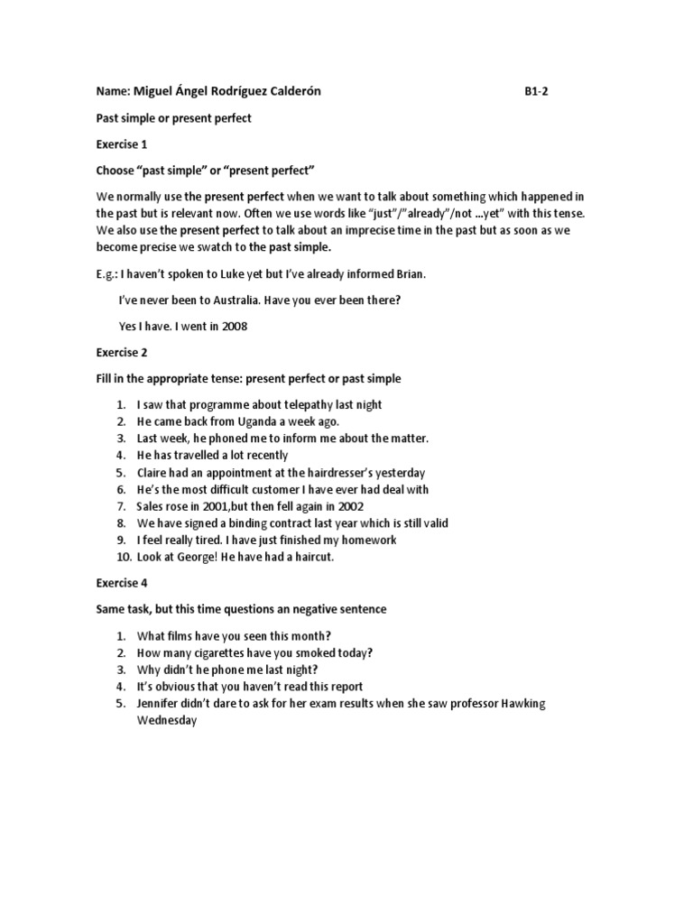 Past Simple or Present Perfect TASK | PDF | Perfect (Grammar) | Syntax