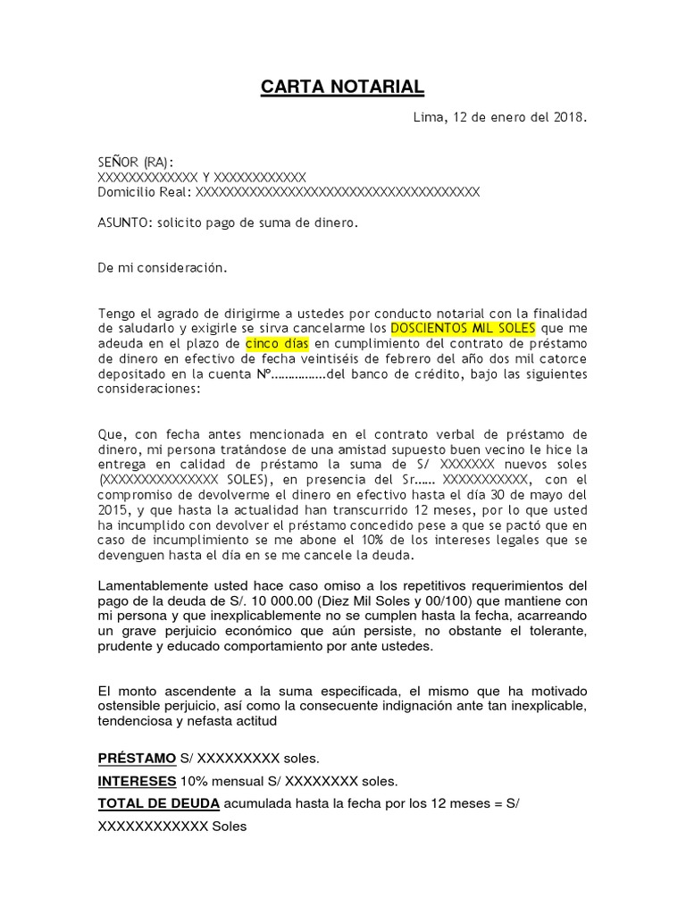 CARTA NOTARIAL Requerimiento de Pago-2019 | PDF | Dinero | Economias