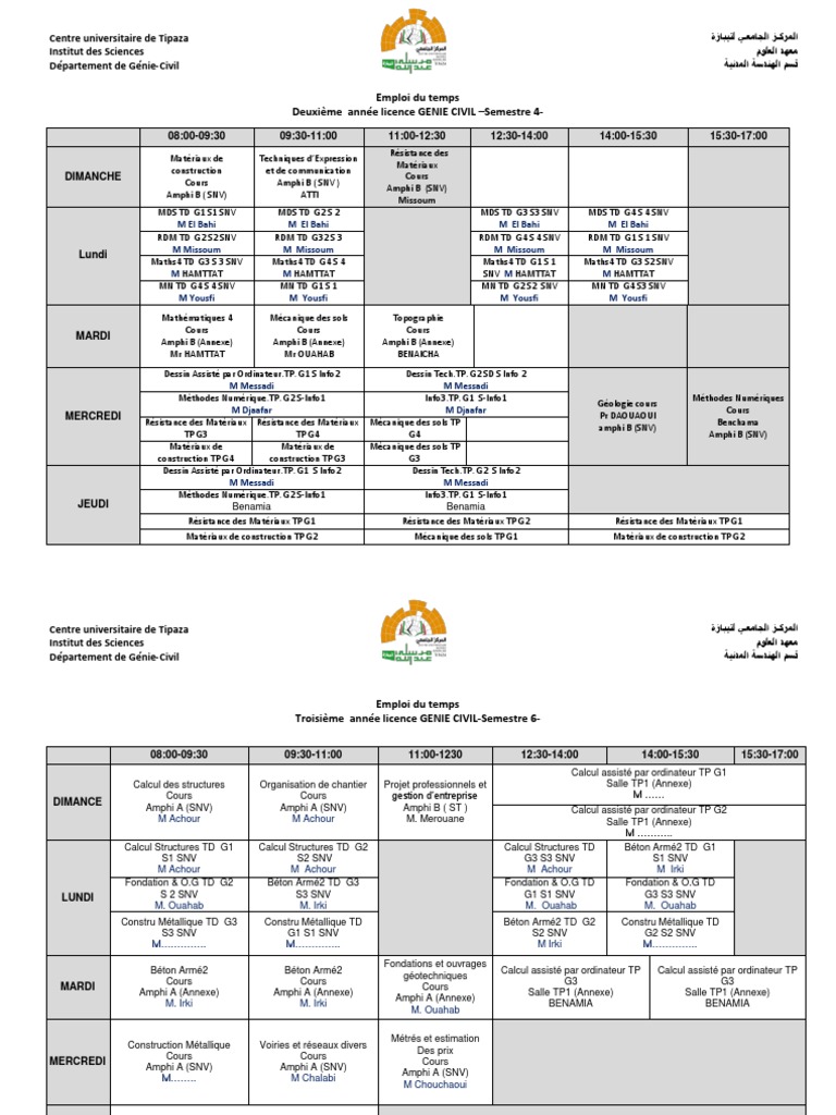Emploi Du Temps GC S4 S6 Final | PDF | Physique appliquée et ...