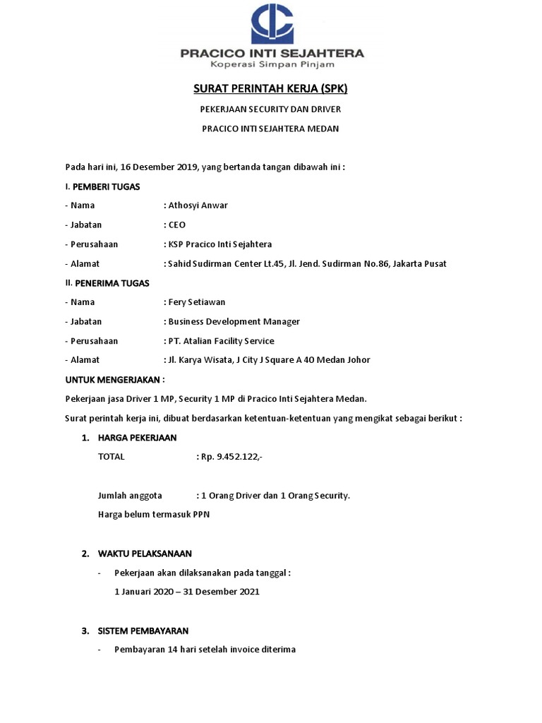 Surat Perintah Kerja (SPK) KSP Pracico Inti Sejahtera Rev | PDF