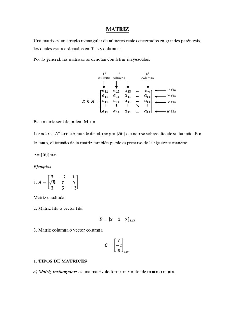 Tipos y Operaciones con Matrices | PDF | Matriz (Matemáticas ...