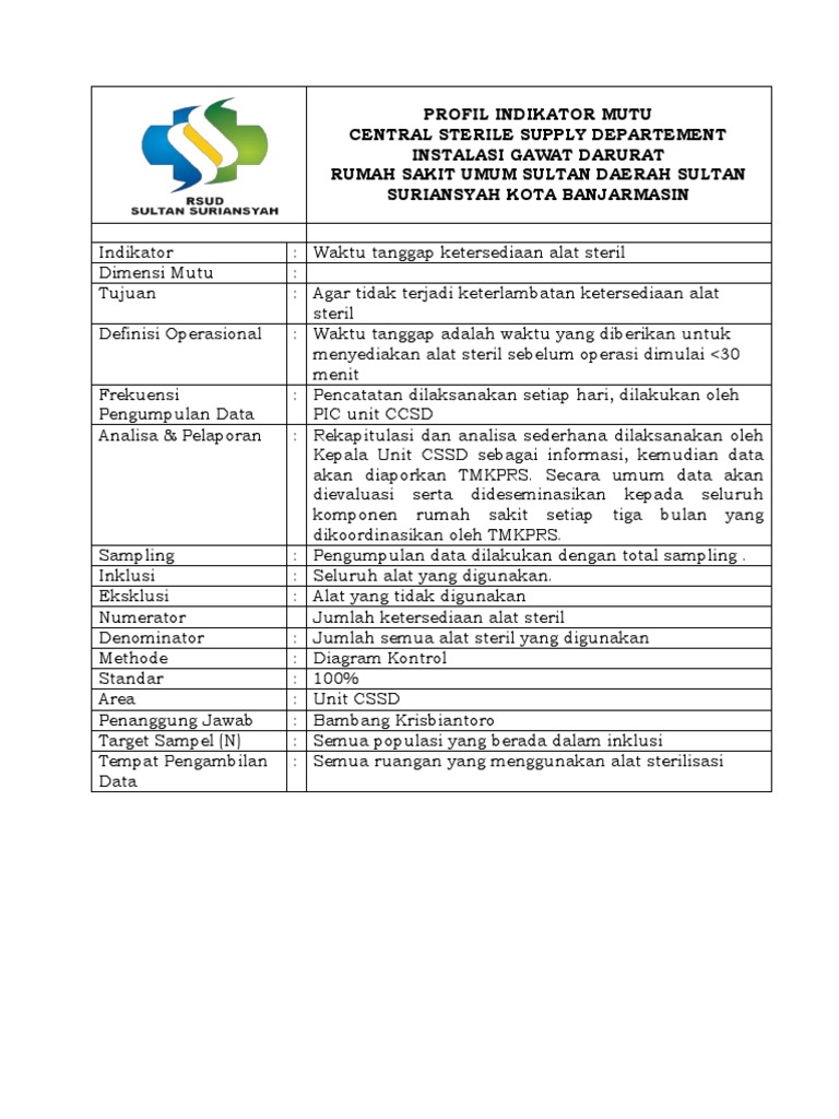 Profil Indikator Mutu CSSD | PDF