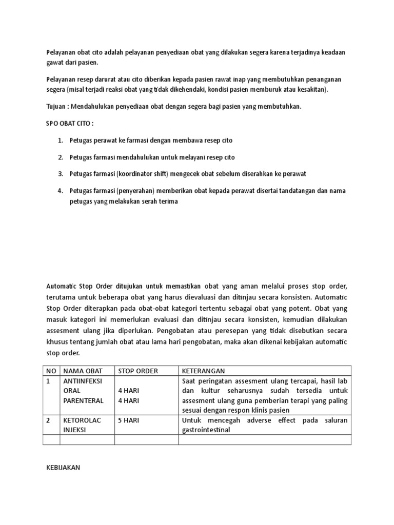 Kebijakan Automatic Stop Order Obat | PDF | Pengembangan Diri ...