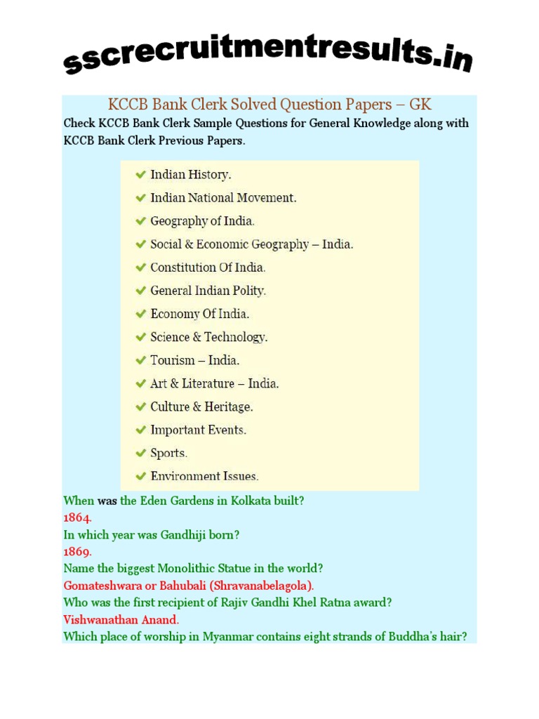 KCCB Bank GK Question Paper Solved | Download Free PDF | English ...