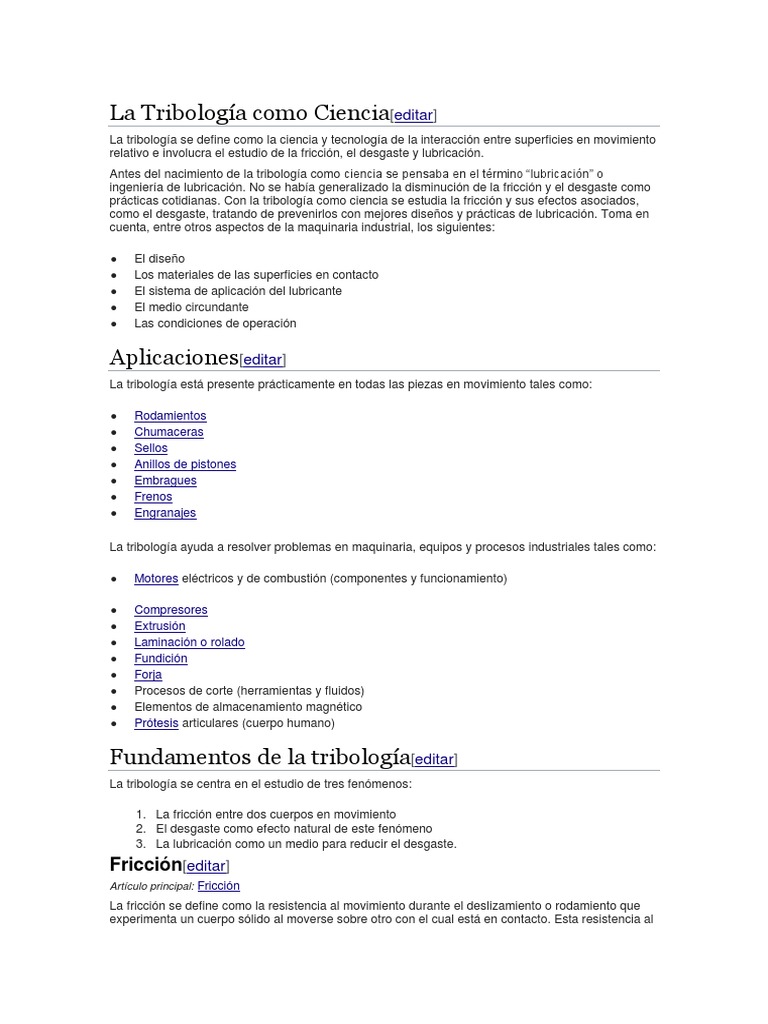 La tribología como ciencia que estudia la fricción, el desgaste y la ...