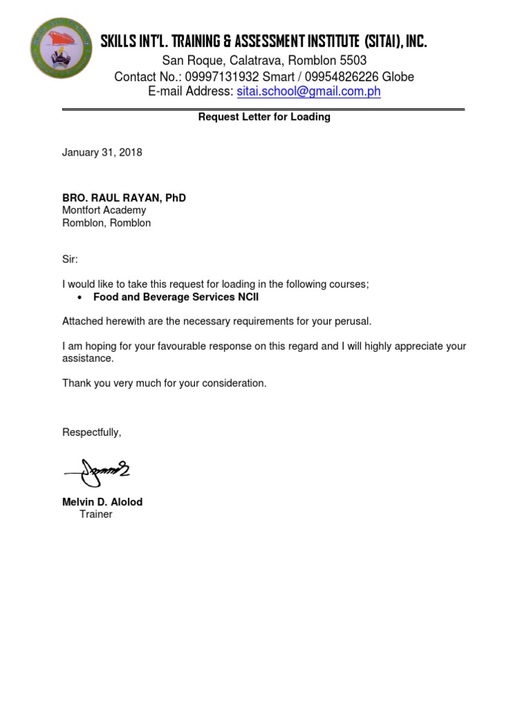 Letter of Intent (Loading Request) Fbsncii | PDF