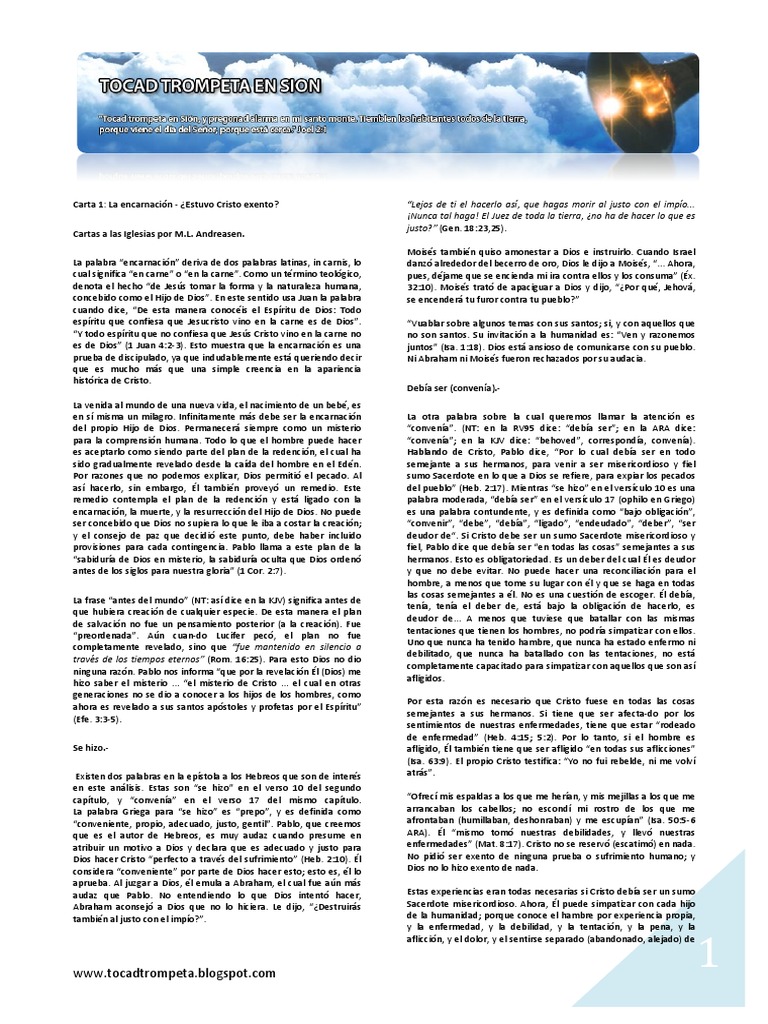 Carta 1 - La Encarnacion - M. L. Andreasen | PDF | Cristo (título) | Pecado