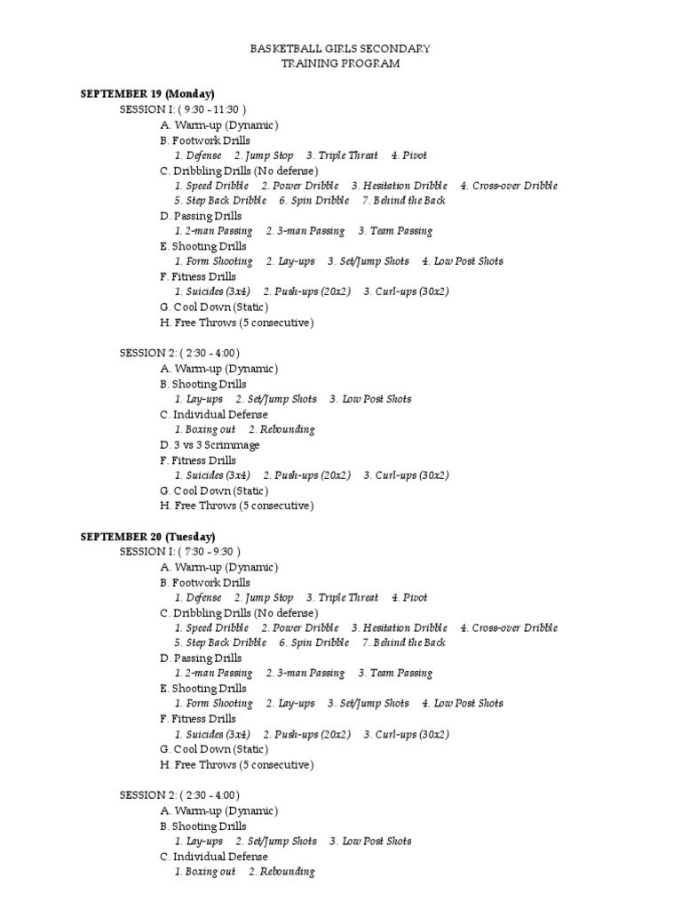 Girls Basketball Training Program | PDF | Leisure | Sports Rules And ...
