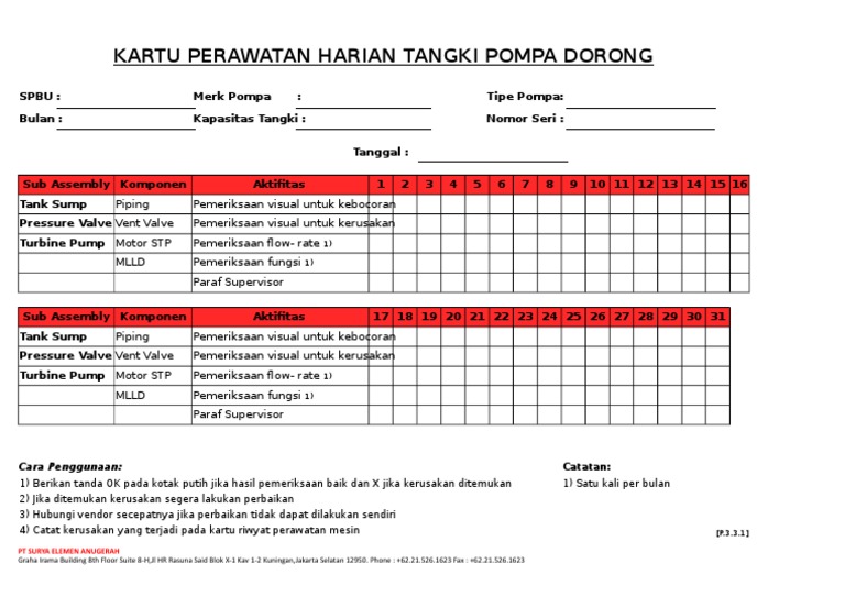 Form Kartu Perawatan Harian Tangki Pompa Dorong | PDF