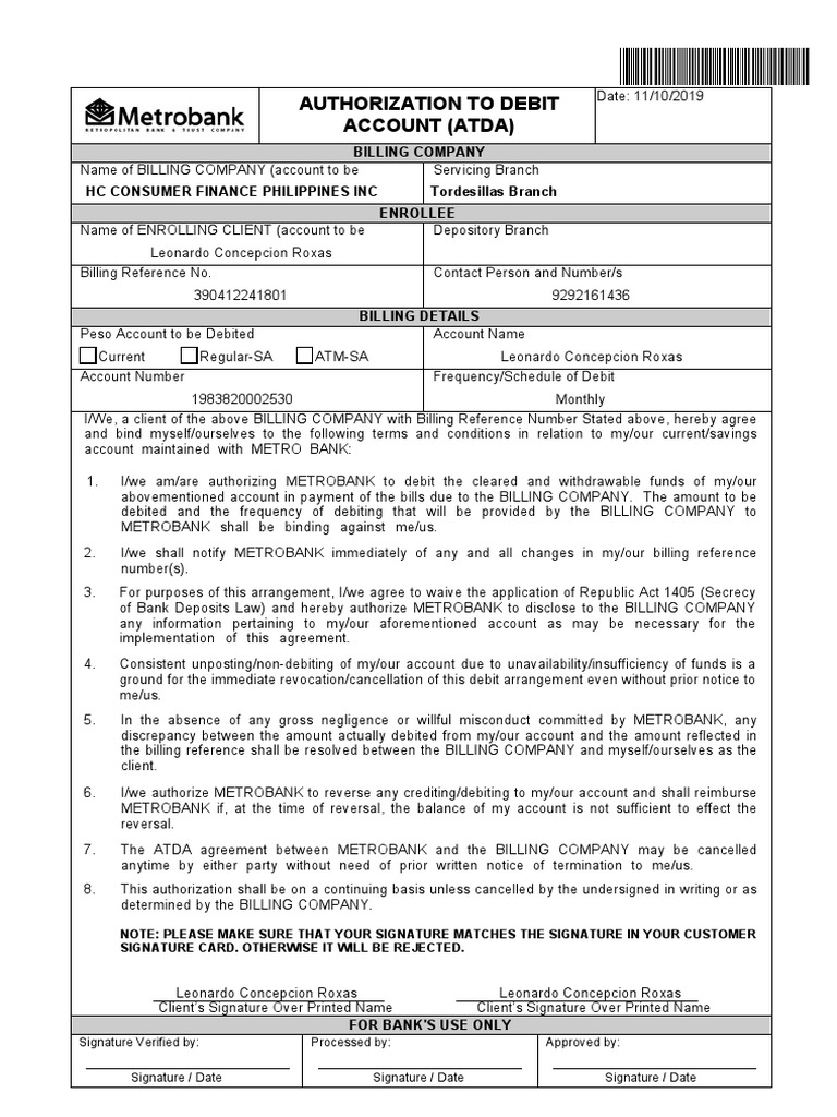 Debit Authorization Agreement | PDF | Debit Card | Banks