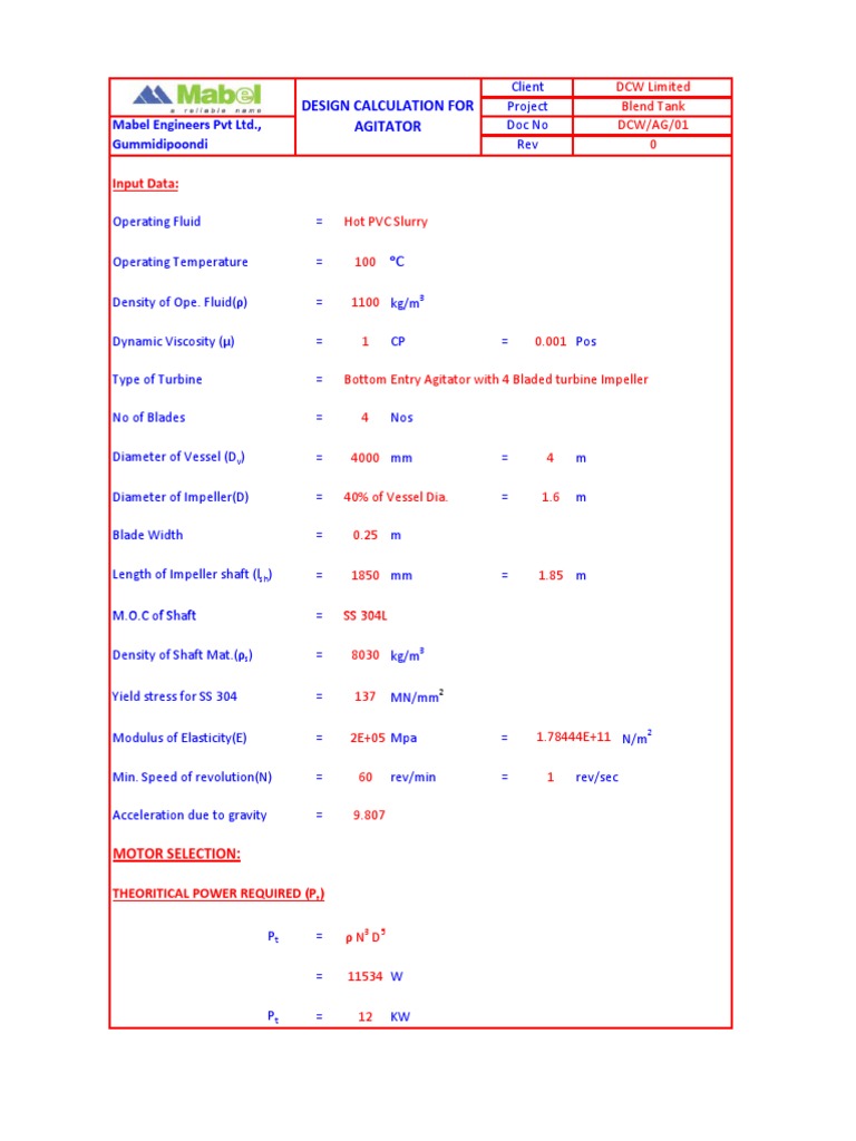 Design Calculation For Shaft of Agitator | PDF | Mechanical Engineering ...