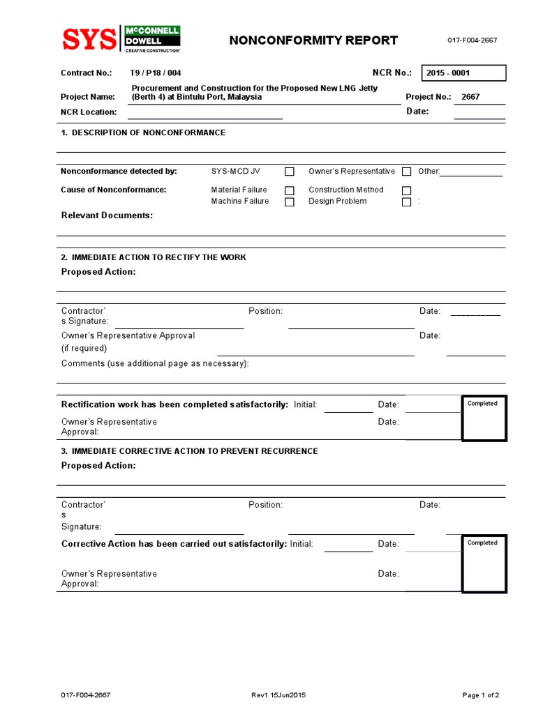 Nonconformity Form Quality Management