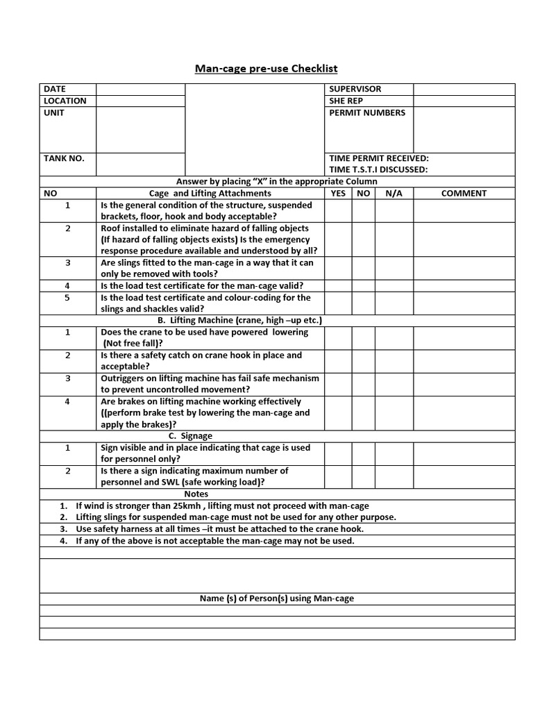 Man-Cage Pre-Use Checklist PDF | PDF | Crane (Machine)