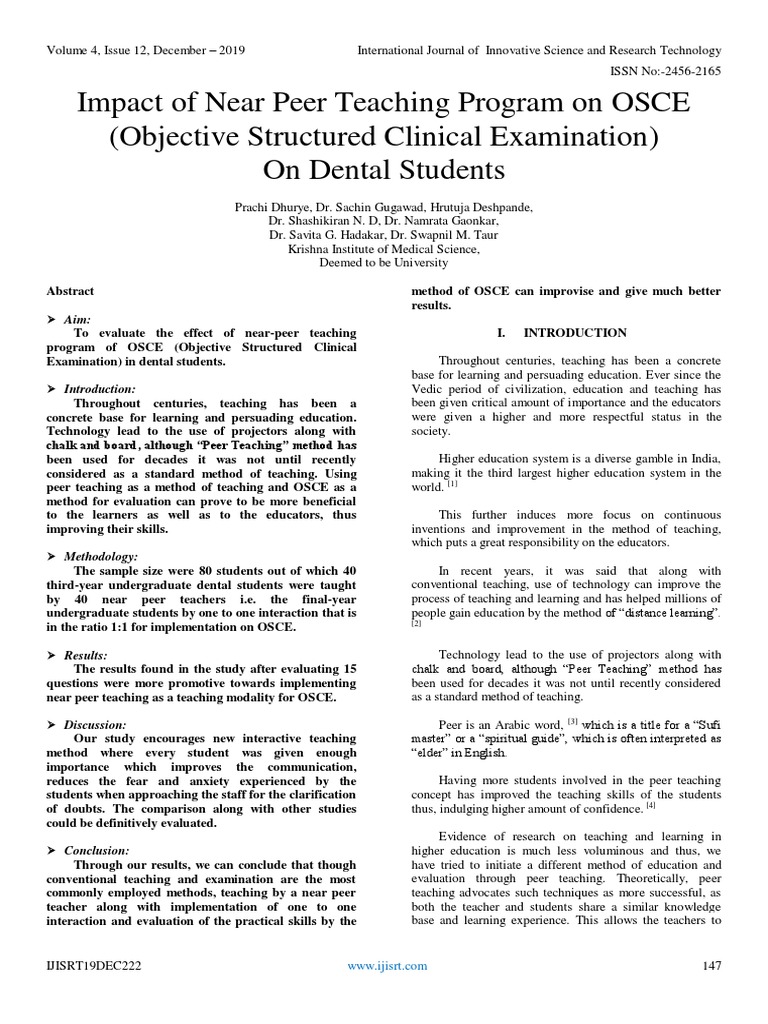 Impact of Near Peer Teaching Program On OSCE (Objective Structured ...