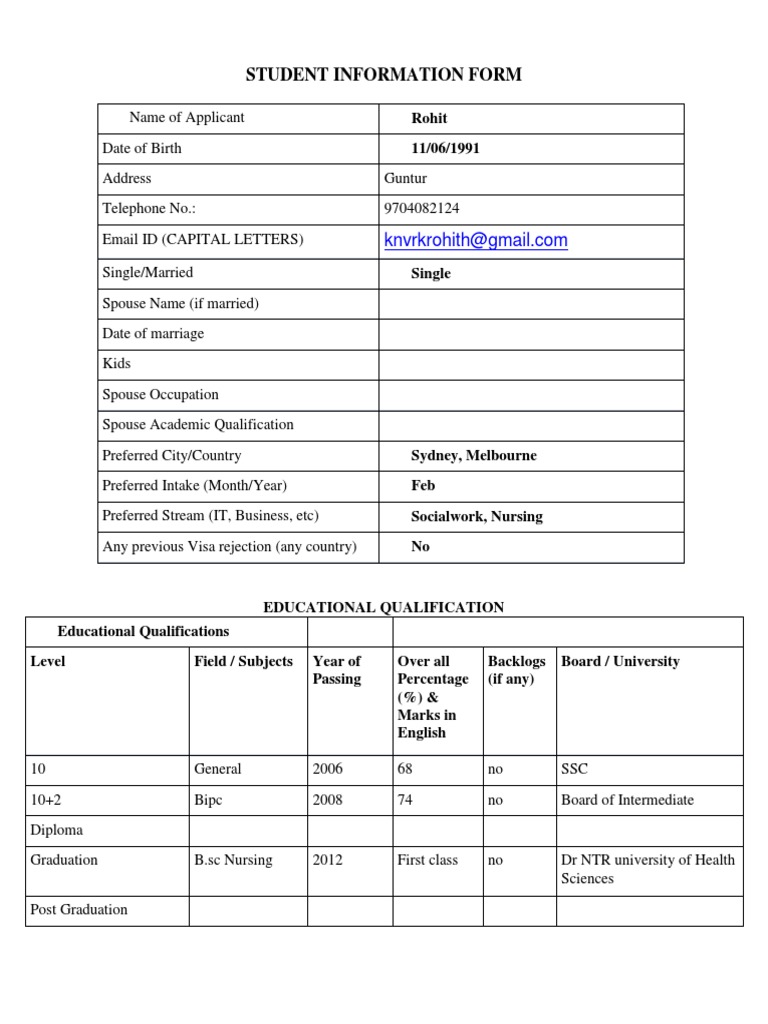 Student Information Form | Download Free PDF | International English ...