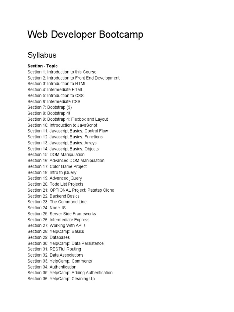 Web Developer Bootcamp Course Outline PDF | PDF