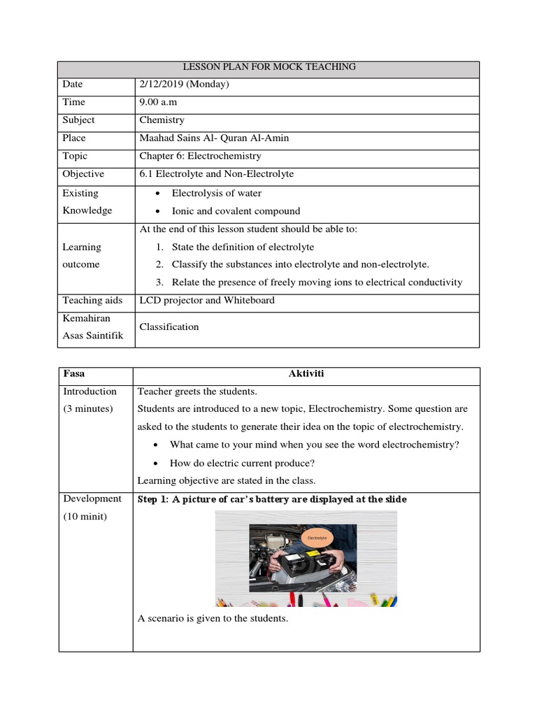 Lesson Plan For Mock Teaching | PDF | Ion | Electrolyte