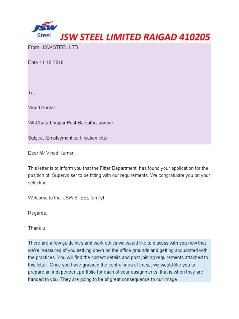 JSW Steel employment certification letter | PDF | Common Law | Virtue
