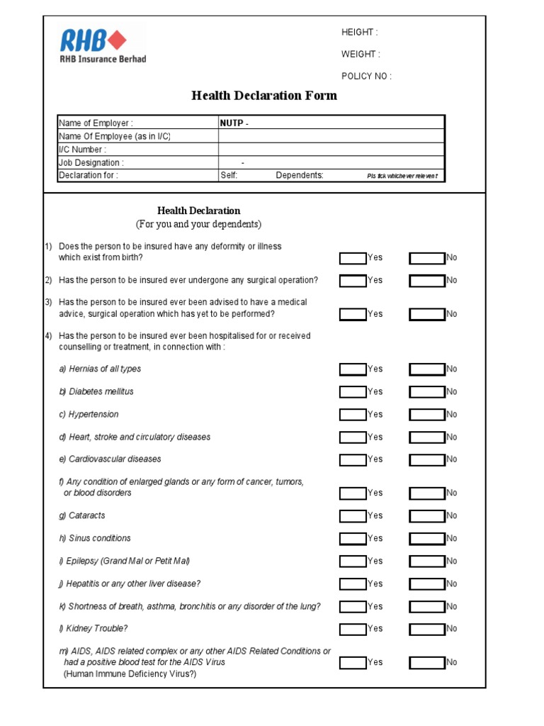 GHS Health Declaration Form PDF | PDF | Hiv/Aids | Cardiovascular Diseases
