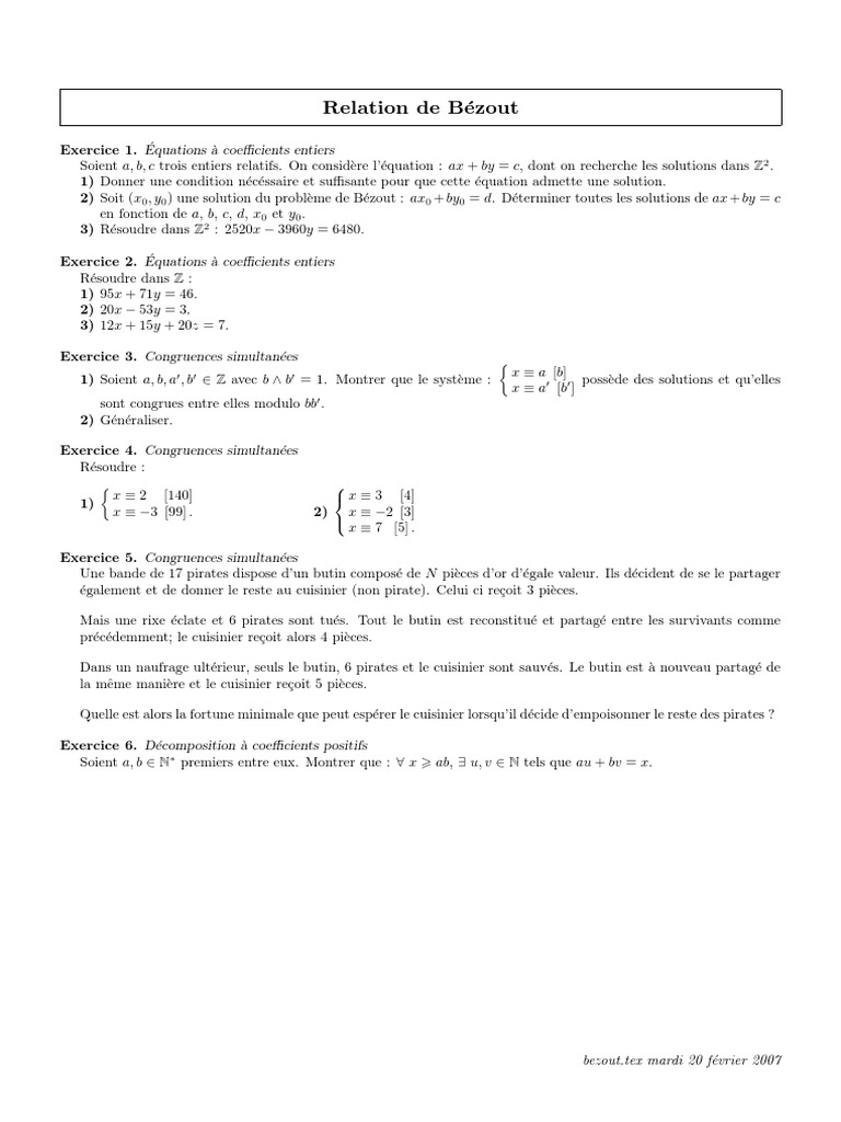 Exercices sur la relation de Bézout | PDF | Théorie des anneaux ...