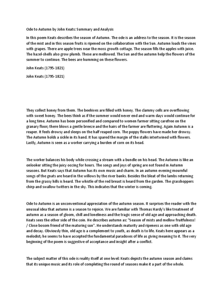 Ode to Autumn: Summary and Analysis | PDF | Poetry