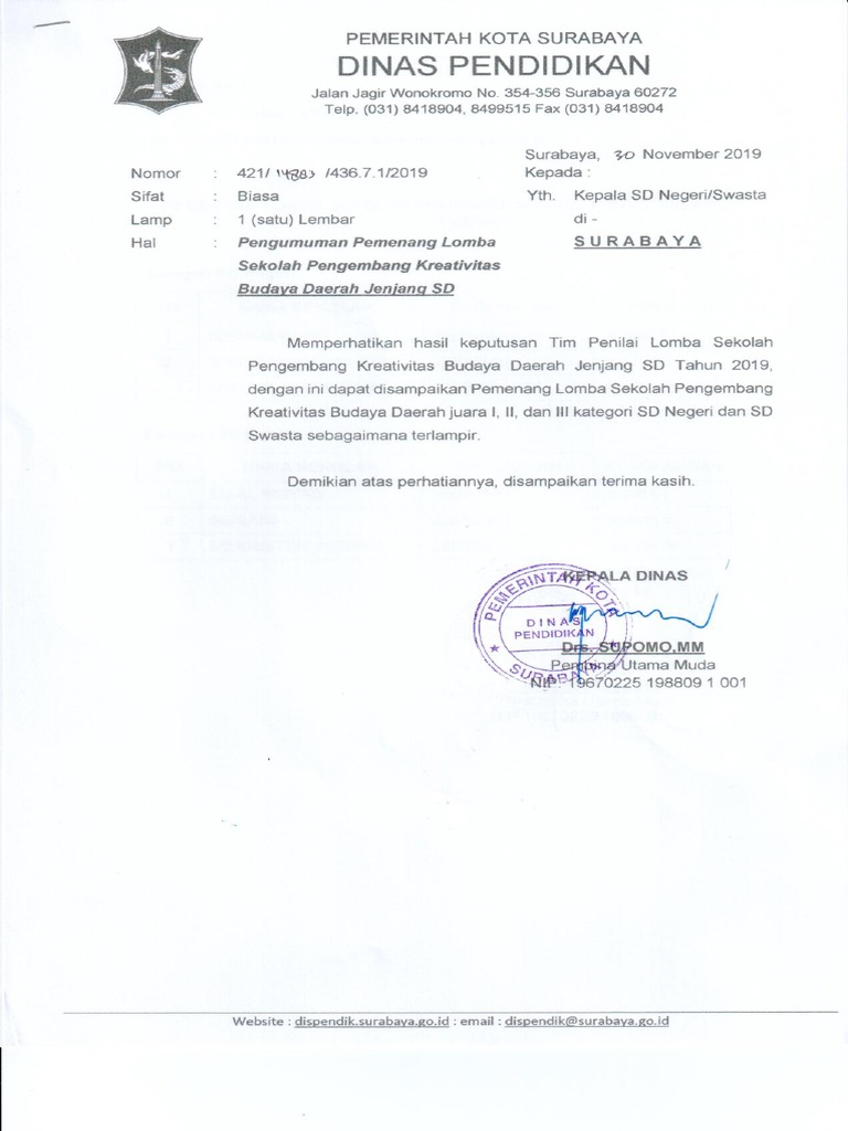 Surat Pengumuman Pemenang Lomba | PDF