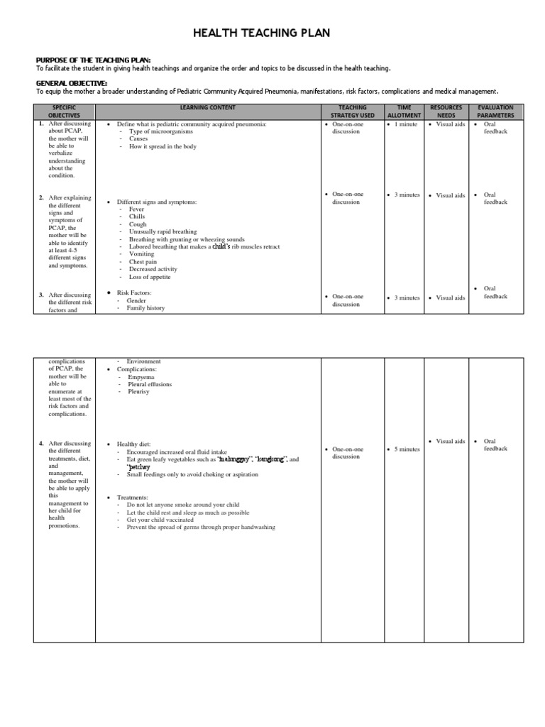 Health Teaching Plan for Pediatric Pneumonia | PDF | Pneumonia | Public ...