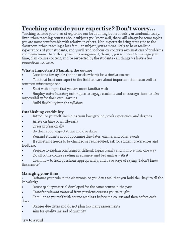 Teaching Outside Your Expertise: Strategies for Planning, Establishing ...