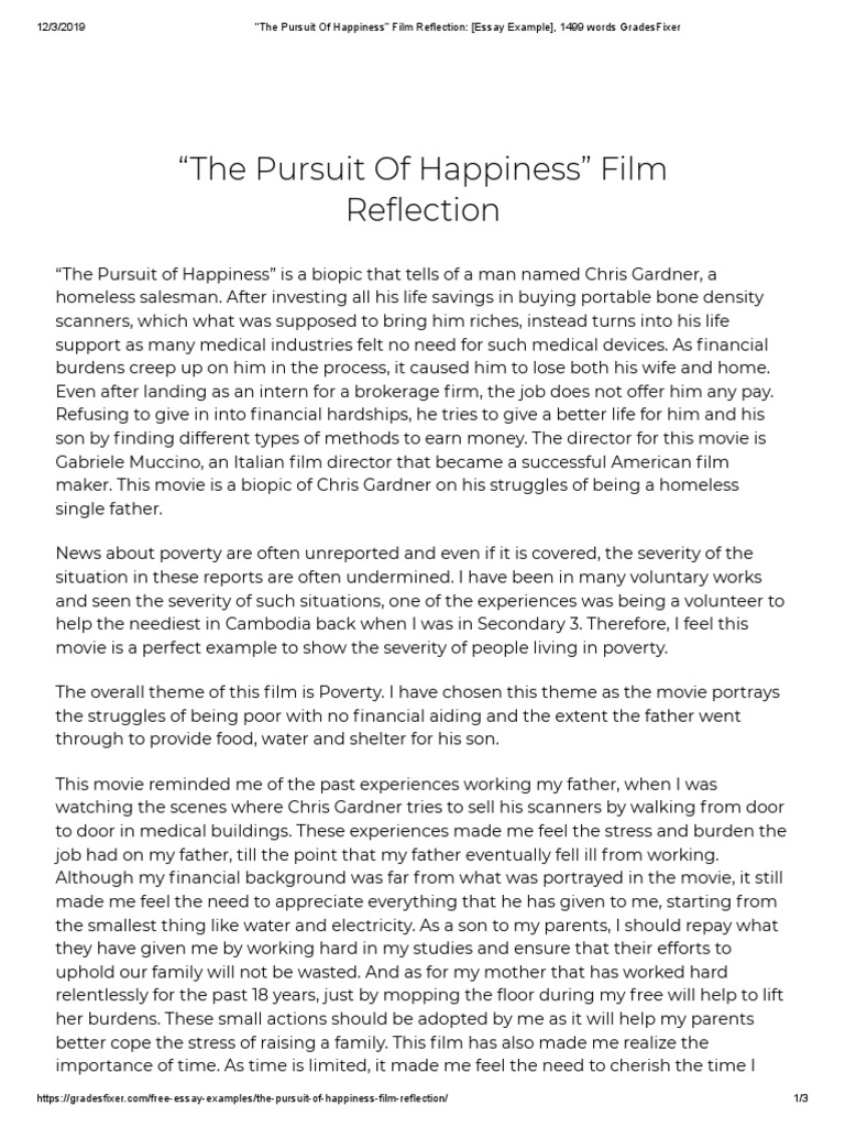 "The Pursuit of Happiness" Film Reflection - (Essay Example), 1499 ...