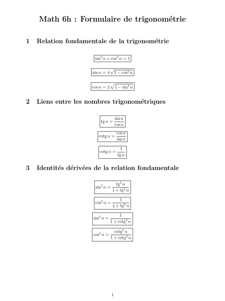 MATH 6H INTERRO 6ème - Formulaire de Trigononométrie | PDF | Fonction trigonométrique | Notation ...