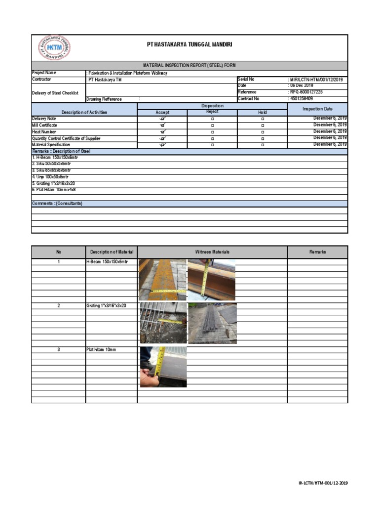 Material Inspection Report | PDF | Economic Sectors | Engineering