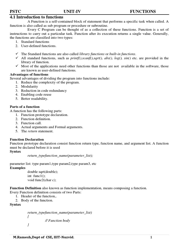 Pstc Unit Iv Functions Pdf Download Free Pdf Scope Computer Science Subroutine 