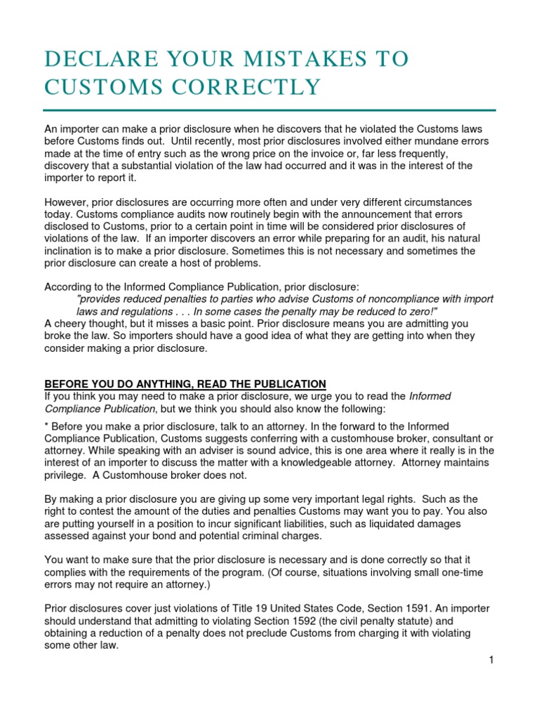 Prior Disclosure - Admission of Guilt | PDF | Customs | Discovery (Law)