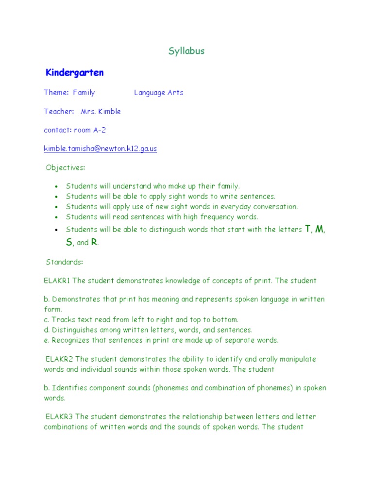 Syllabus Kindergarten | PDF | Word | Learning