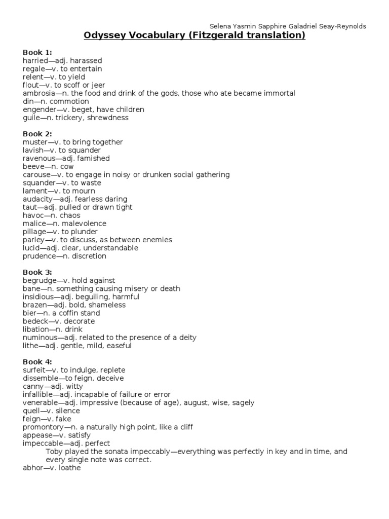 Odyssey Vocabulary (Fitzgerald Translation) | PDF