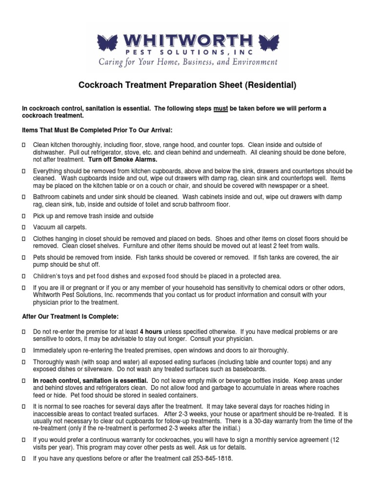 Cockroach Treatment Preparation Sheet (Residential) | PDF | Sink ...