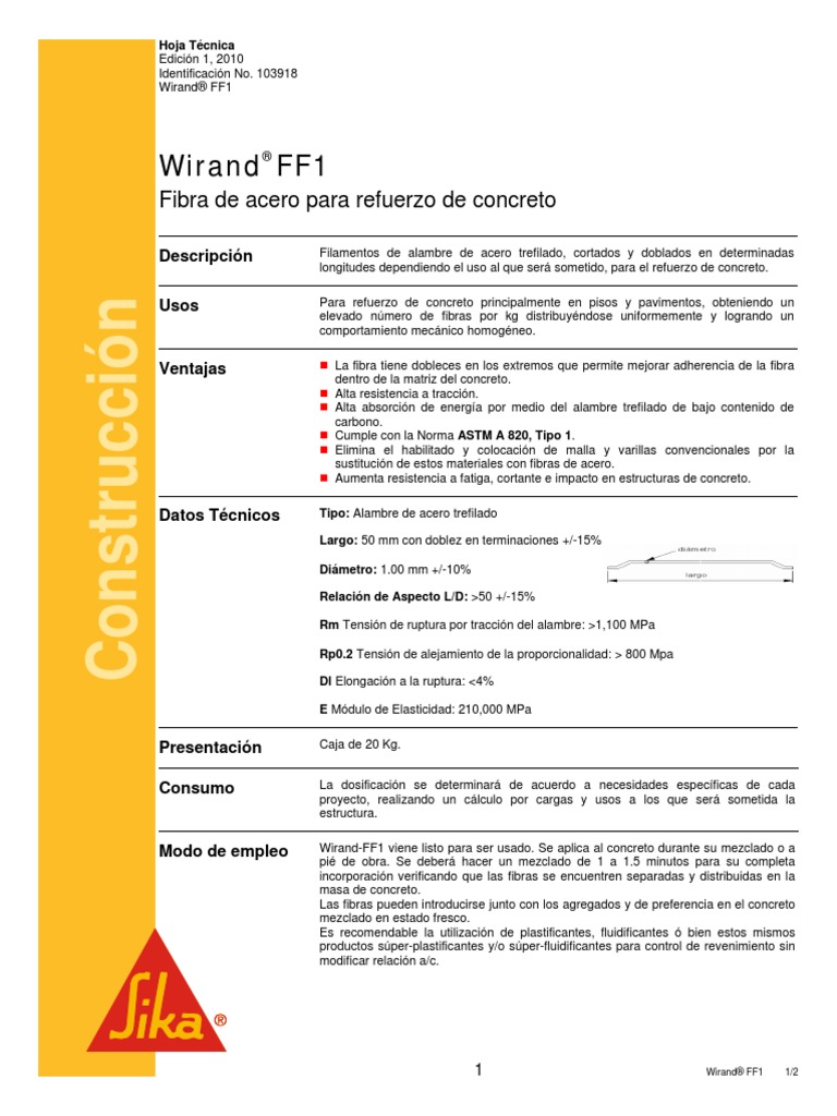 Fibra Acero Refuerzo Concreto Wirand ff1 PDF | PDF | Hormigón | Acero