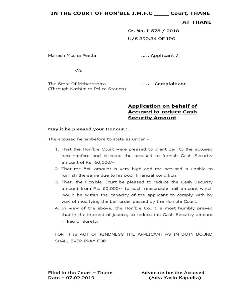 Cash Bail Reduction Application | PDF