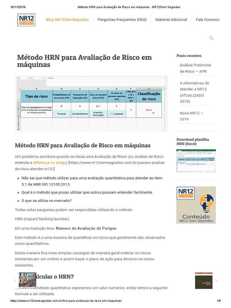 Método HRN para Avaliação de Risco em Máquinas - NR12Sem Segredos | PDF ...