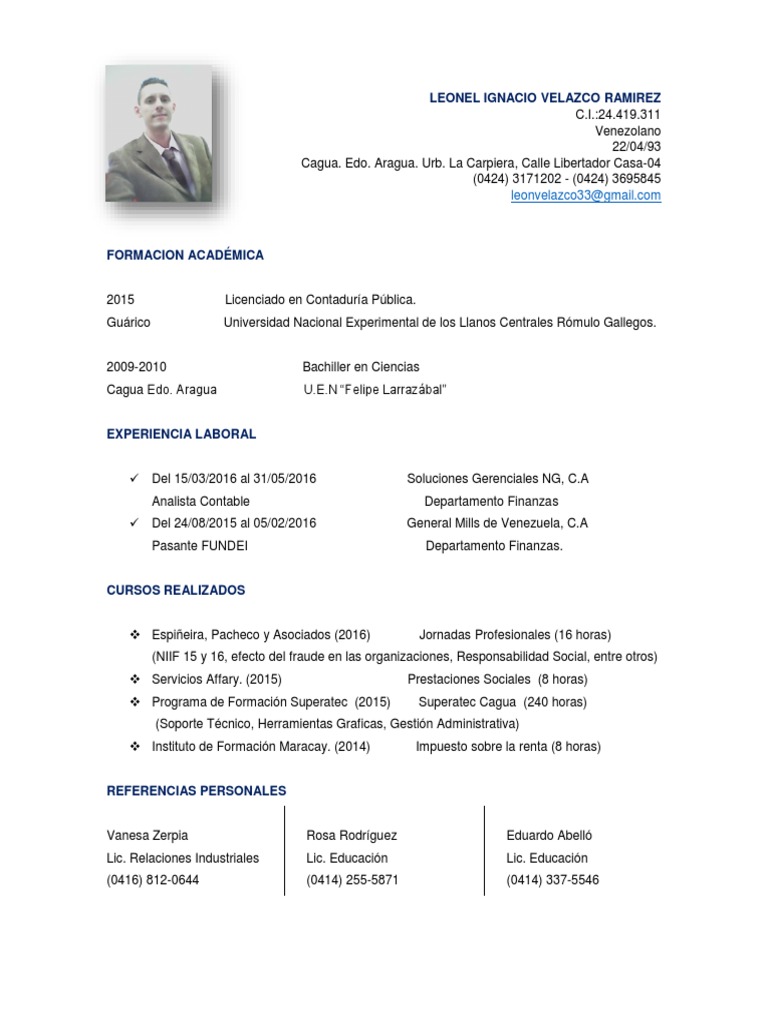 Curriculum Vitae Leonel Velazco - Cagua | PDF