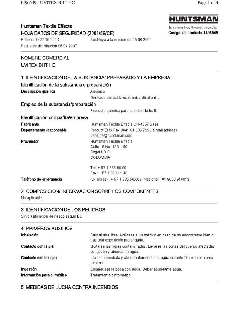 Uvitex BHT HC MSDS | Descargar gratis PDF | Seguridad y salud ocupacional | Agua