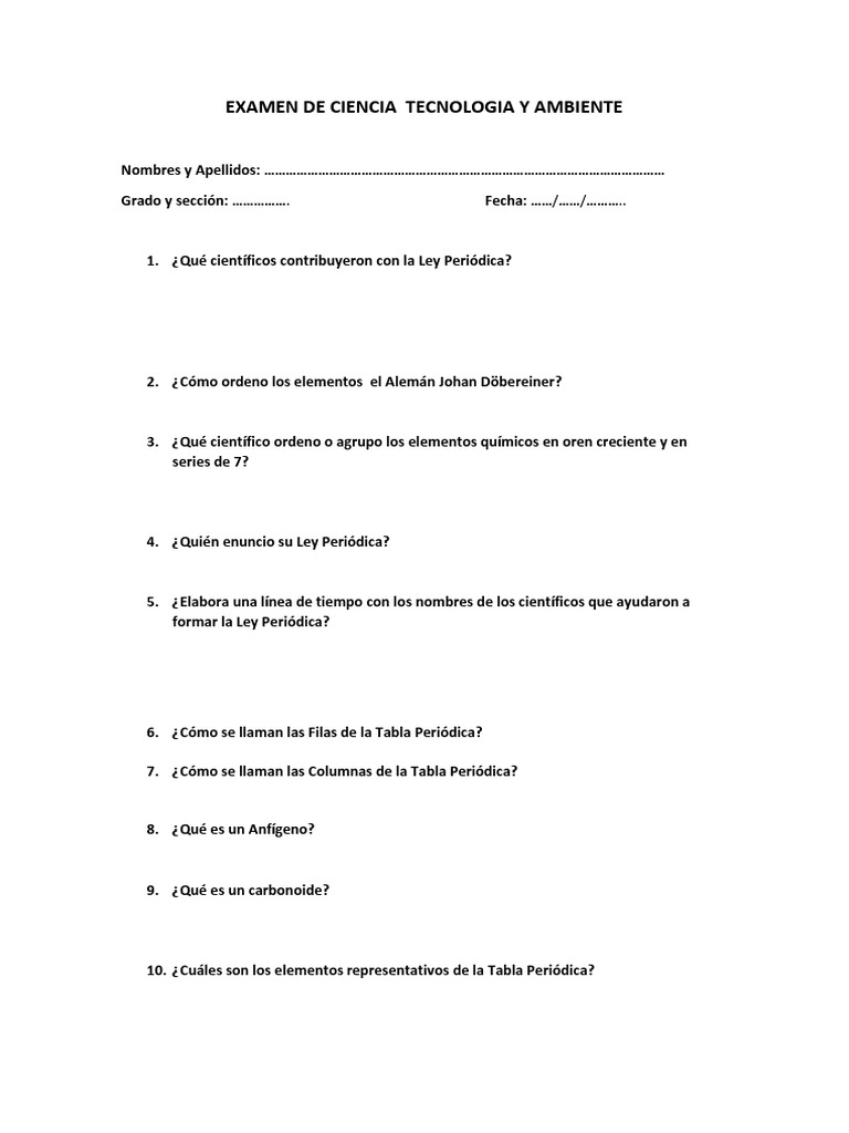 Examen De Ciencia Tecnologia Y Ambiente Pdf