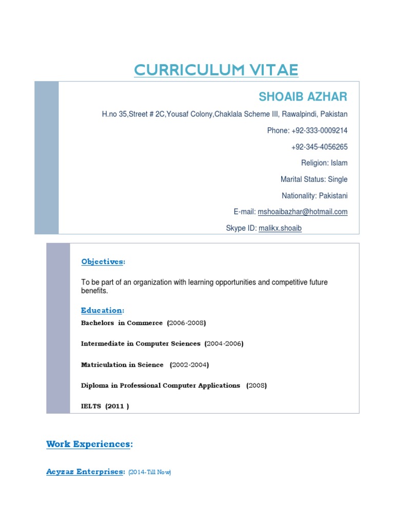Curriculum Vitae of Shoaib Azhar | PDF | Pakistan | Sales
