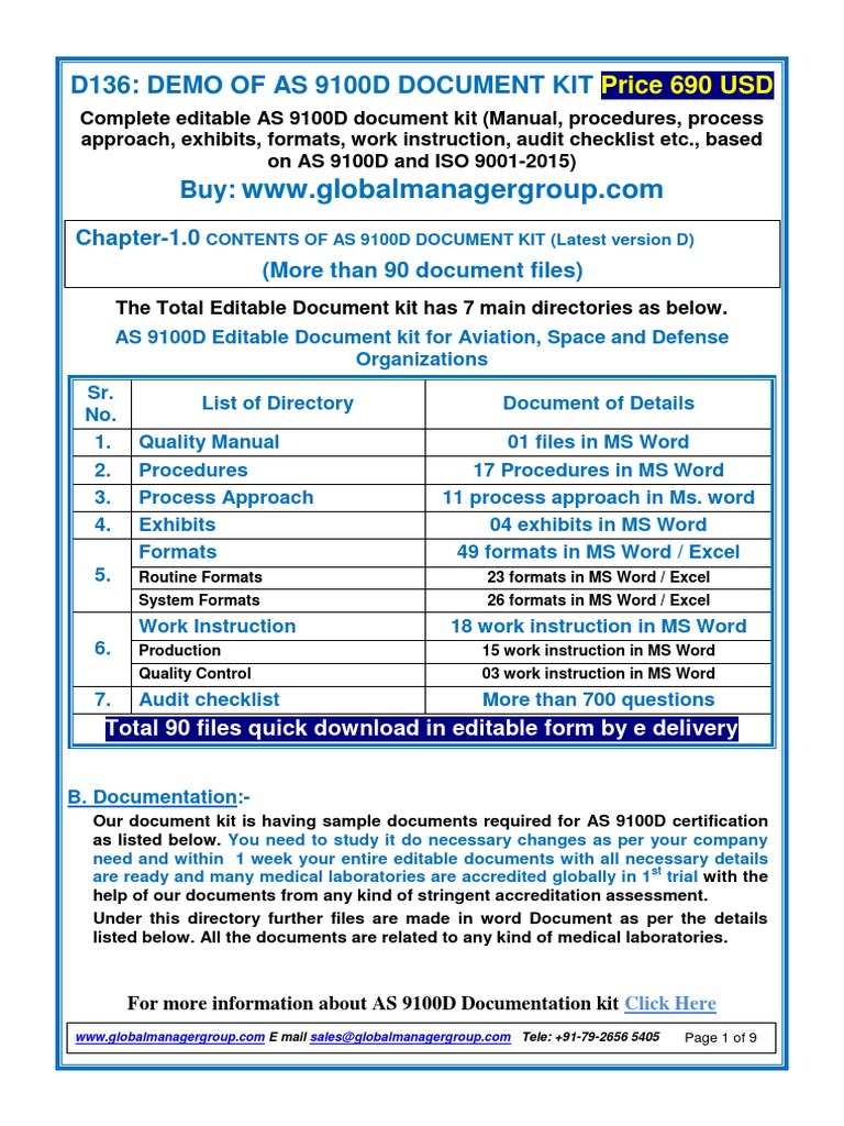 Documentation Kit of AS9100 Rev D Certification For Aviation, Space and ...