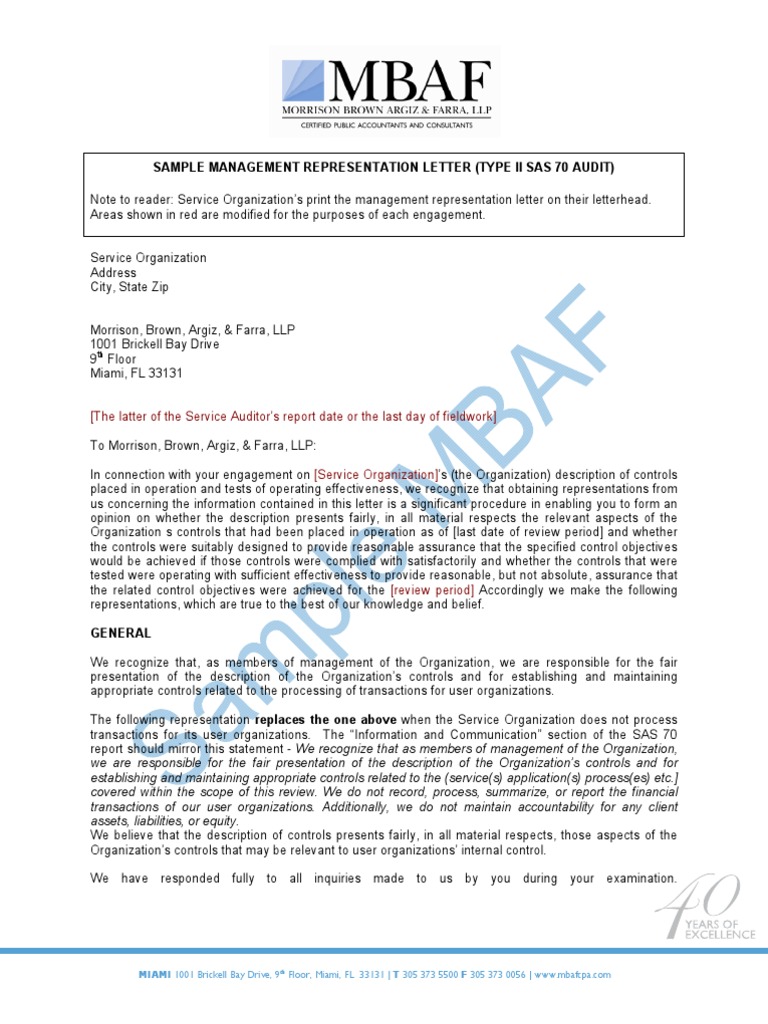 Sample Management Representation Letter Type II SAS 70 Audit | PDF ...