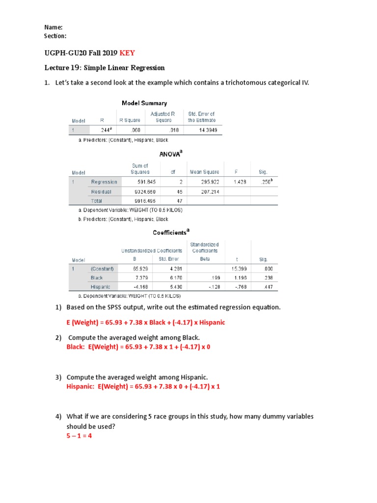 Lecture 19 KEY - Simple Linear Regression Worksheet | PDF | Regression ...