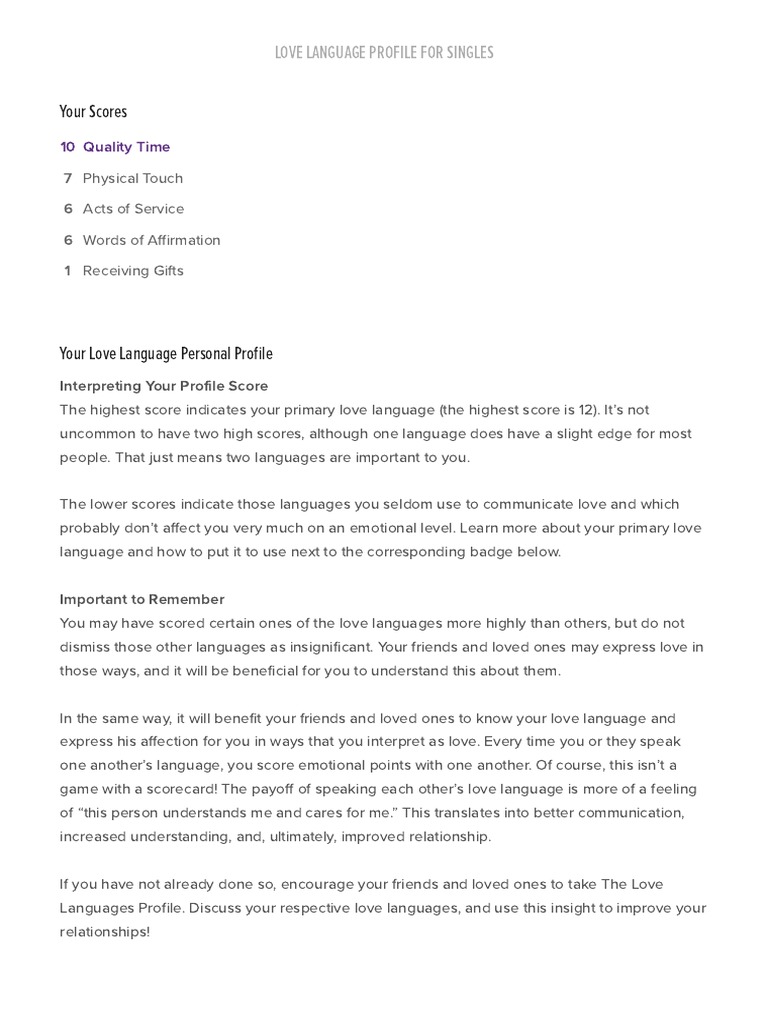 Love Language Profile For Singles - The 5 Love Languages® | PDF | Love ...