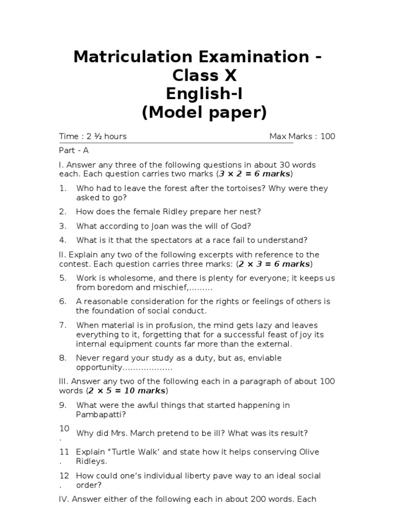 Class X English-I Model Examination Paper | PDF | Sentence (Linguistics ...