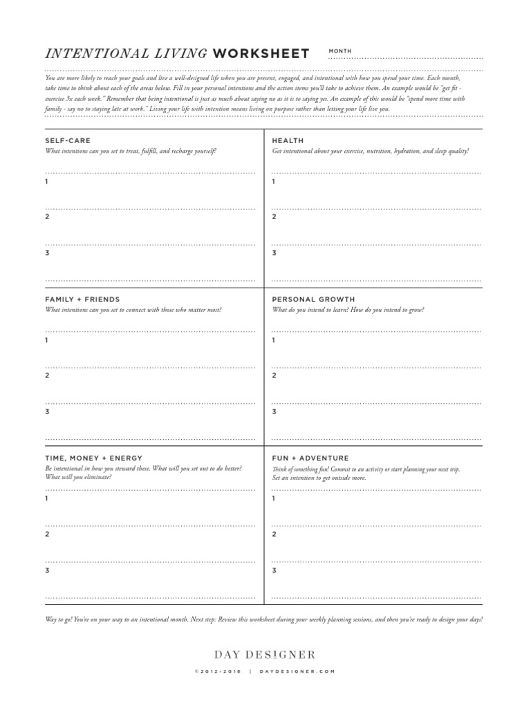 Intentional Living Worksheet - Copyright - Day Designer - Do Not ...